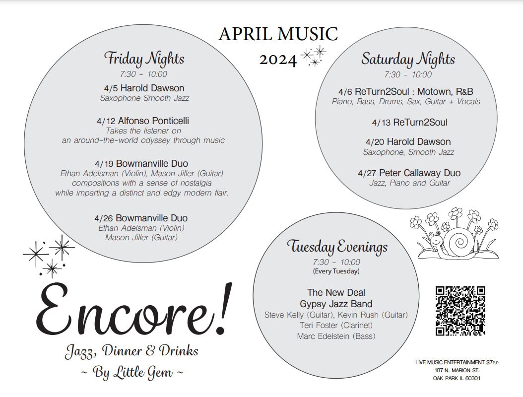 April Specials and Music at Little Gem and Encore! - Downtown Oak Park